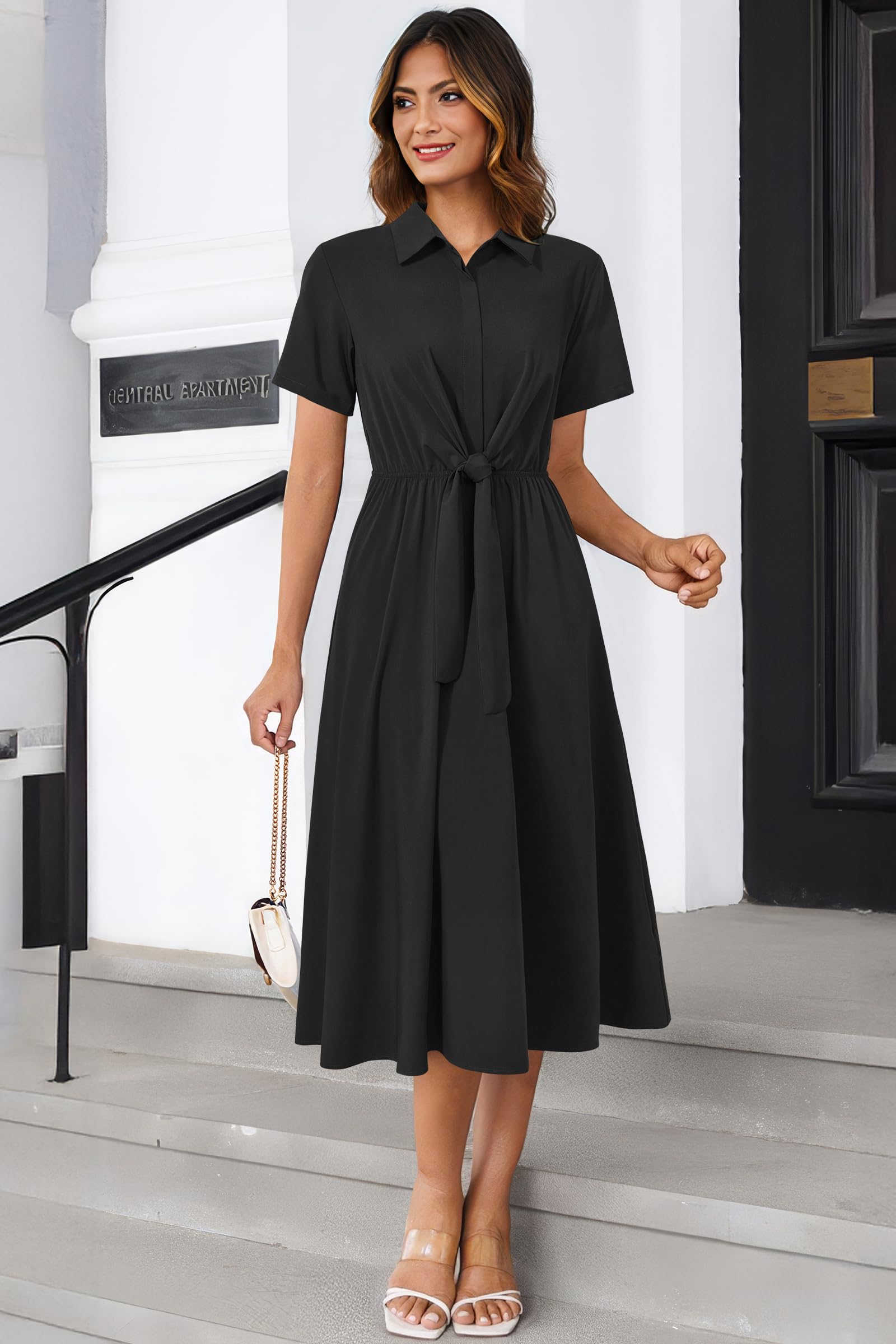 Womens Wear to Work Long Dresses Tie Waist Shirt Dress Business Casual ...